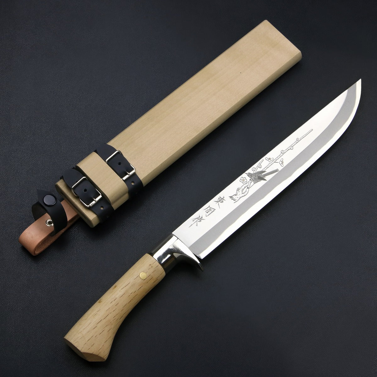 HONMAMON "AZUMASYUSAKU" Japanese Hunting Knife with Carving of Nightin ...